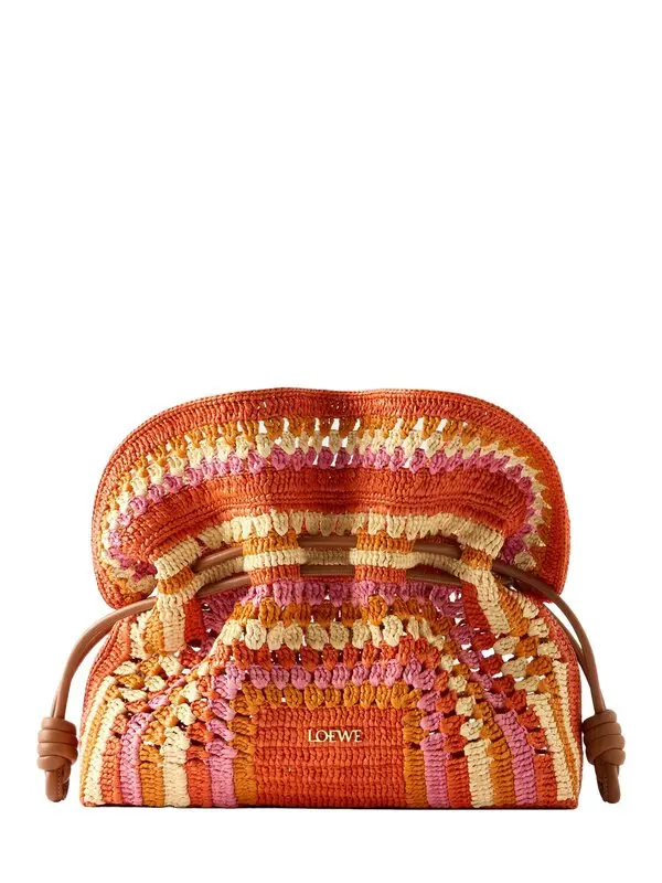 Loewe Mini Crocheted Raffia Clutch With Leather Trim - Orange