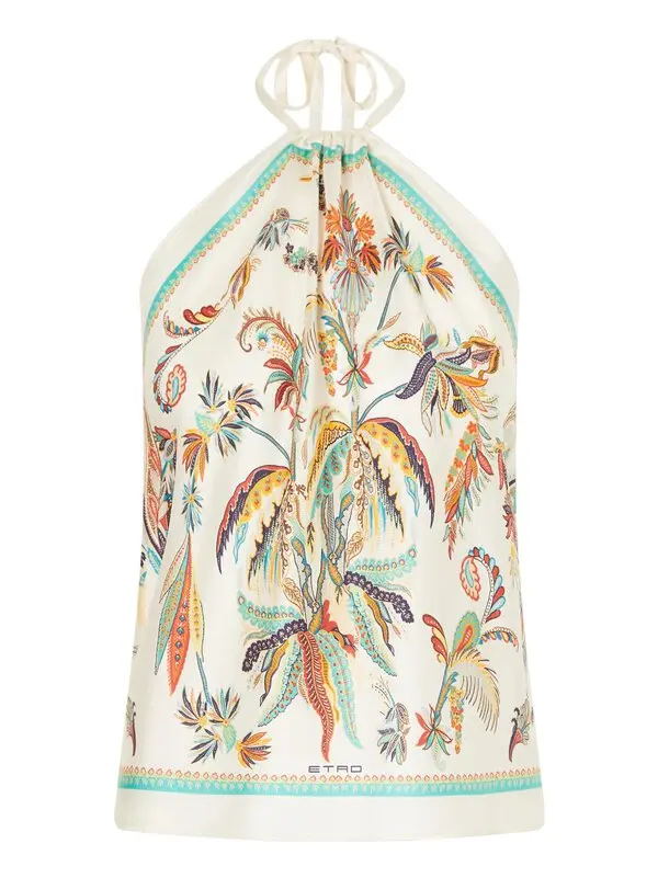 Etro Triangle Floral-print Halter Neck Silk-twill Top - White