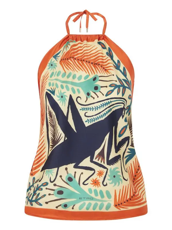 Etro Triangle Floral-print Silk-twill Halter Top - Orange