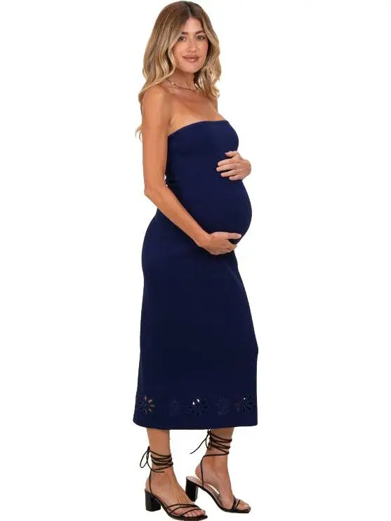 PINKBLUSH Strapless Laser Cut Floral Detail Dress - Navy Blue