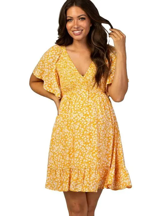 PINKBLUSH Floral Smocked Flutter Sleeve Maternity Dress - Yellow