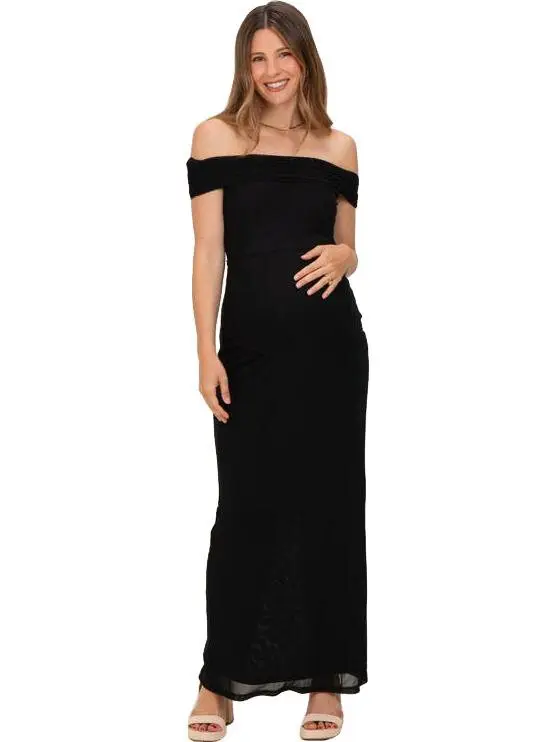 PINKBLUSH Off Shoulder Mesh Maxi Dress - Black