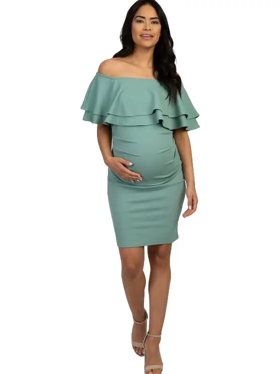 PINKBLUSH Off-shoulder Ruffled Maternity Dress - Light Olive