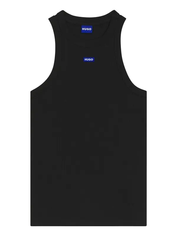 Hugo Ribbed Stretch Cotton Tank Top With Blue Logo Label - Black
