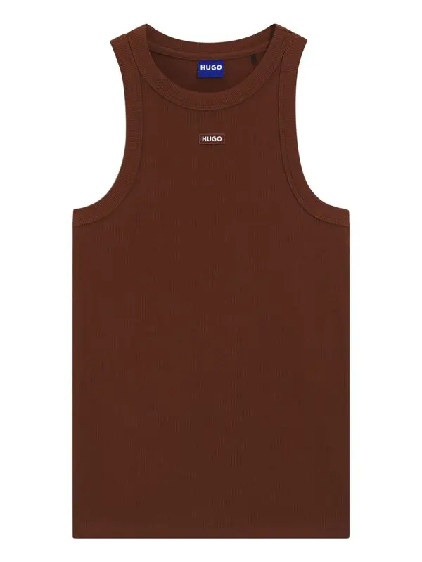 Hugo Ribbed Stretch Cotton Tank Top With Blue Logo Label - Brown
