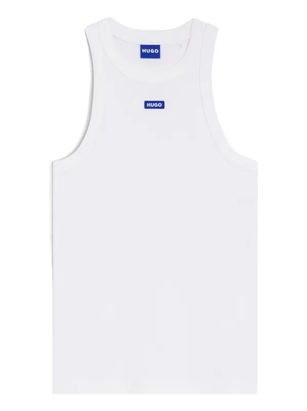 Hugo Ribbed Stretch Cotton Tank Top With Blue Logo - White