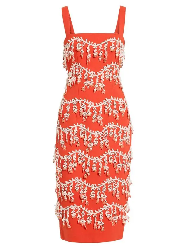 Lela Rose Floral Appliquéd Wool-blend Crepe Midi Dress - Coral