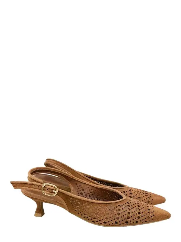 POCHE PARIS Perforated Suede Slingback Pumps - Brown