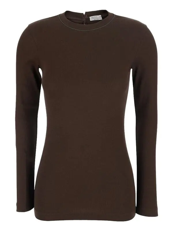 Brunello Cucinelli Ribbed Crewneck Long Sleeve Top - Brown