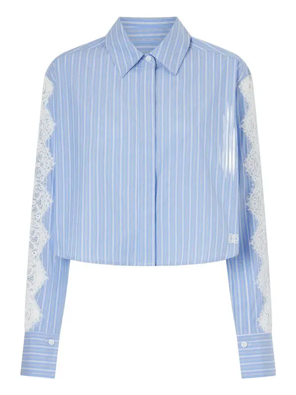 Simkhai Renata Cropped Striped Cotton-poplin Shirt With Lace Trim - Blue