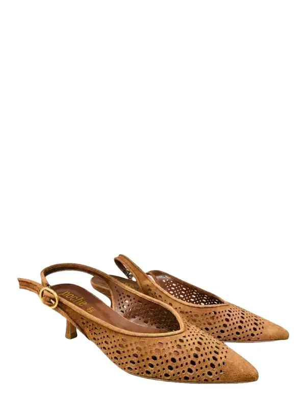 POCHE PARIS Perforated Suede Slingback Pumps - Brown