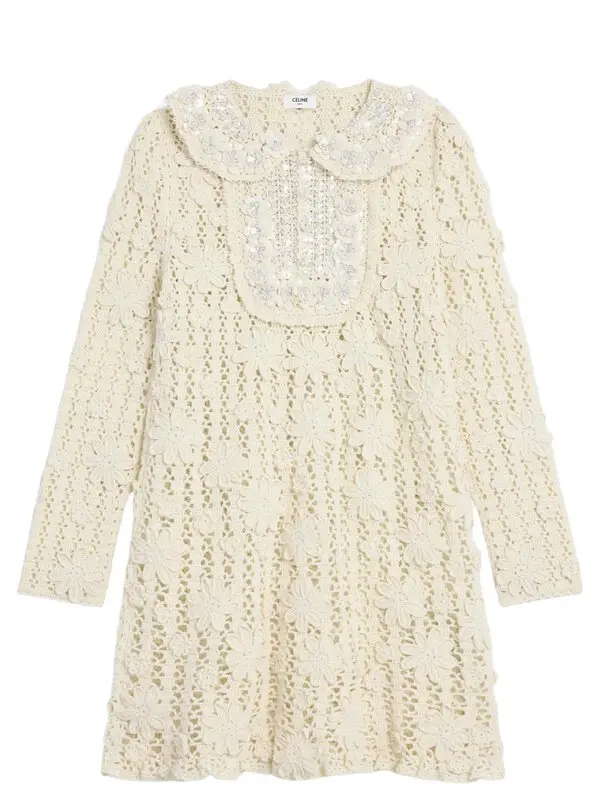 Celine Embroidered Crocheted Mini Dress - Off White