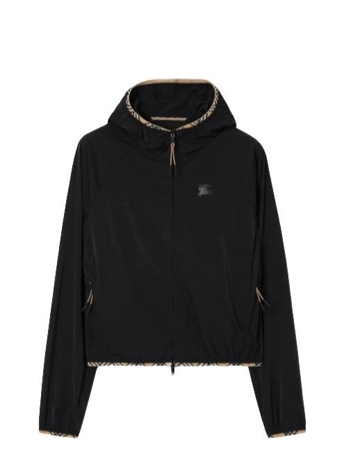 Burberry Stretch Hooded Jacket With Check Trim - Black
