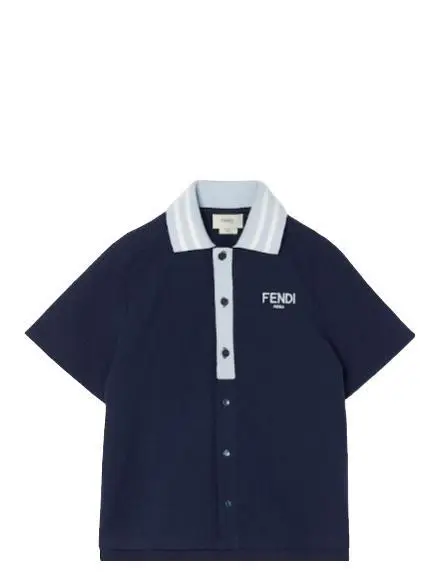 Fendi Embroidered Seersucker Polo Shirt - Blue