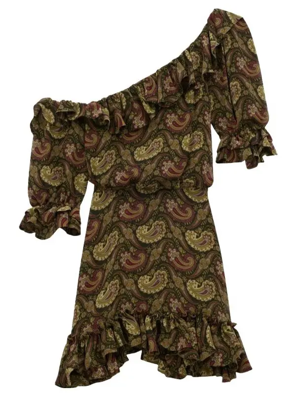 Saint Laurent One-shoulder Ruffled Paisley Dress - Green And Bordeaux