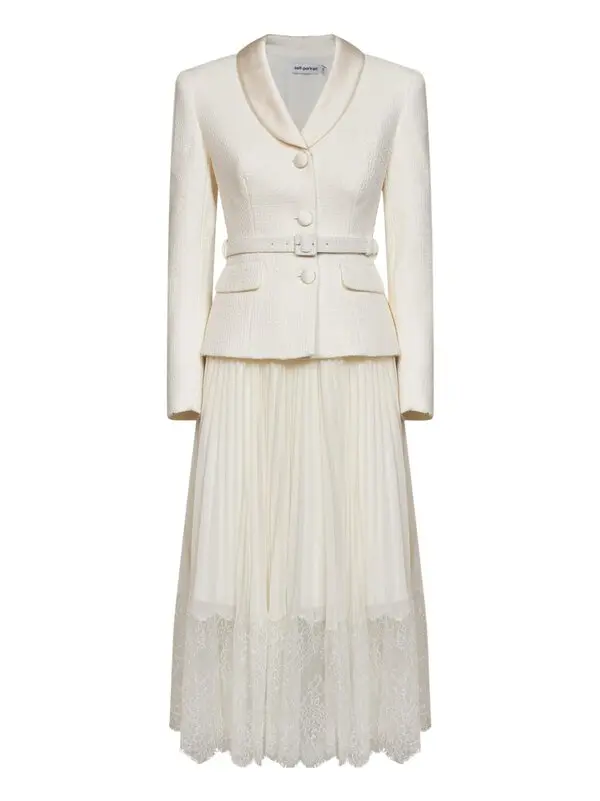 SELF-PORTRAIT Cream Boucle Shawl Collared Midi Dress - No