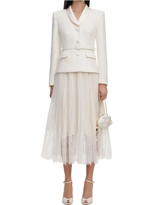 SELF-PORTRAIT Cream Boucle Shawl Collared Midi Dress - White