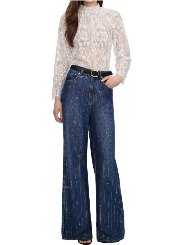 SELF-PORTRAIT Embellished Stripe Wide-leg Jeans - Blue