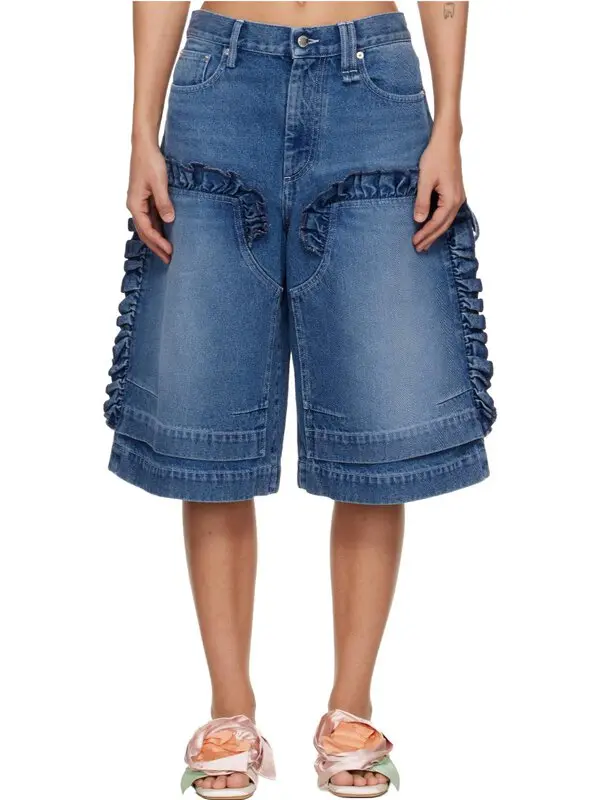 Simone Rocha Ruffled Denim Shorts With Belt Loops - Indigo