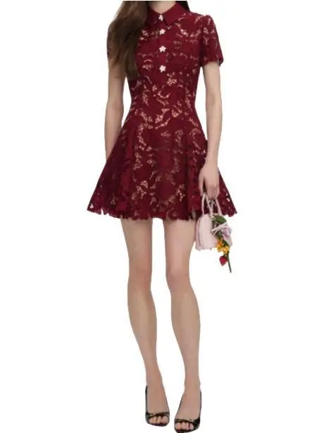 SELF-PORTRAIT Floral Lace Flared Mini Dress - Wine Red