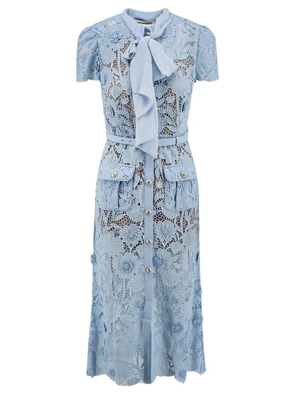 SELF-PORTRAIT Lace Tie Neck Midi Dress - Light Blue