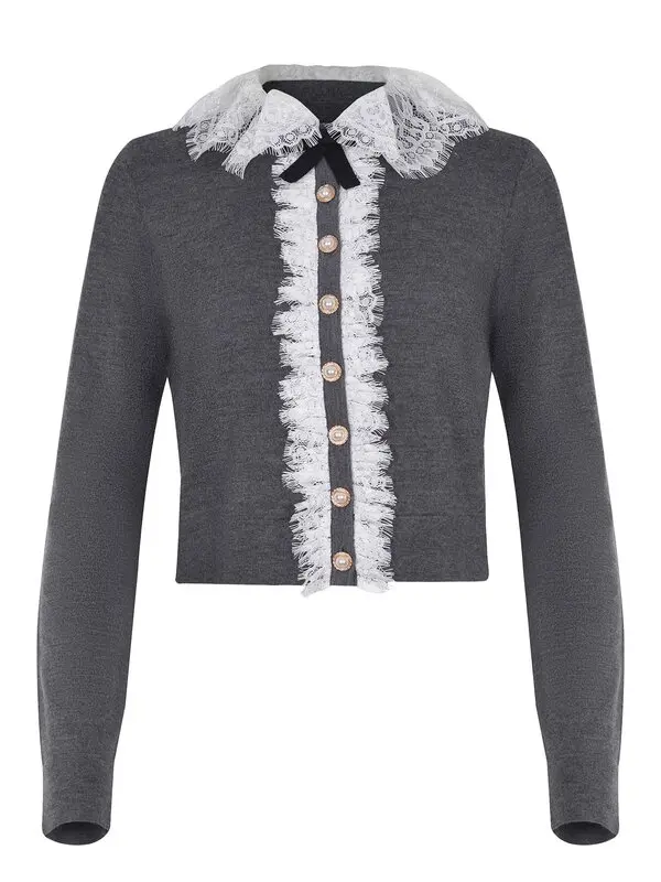 SELF-PORTRAIT Lace Collar Knit Cardigan - Black