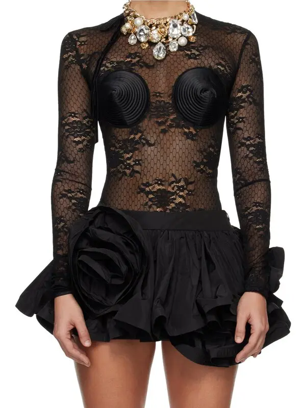 Vaquera Lace Bullet Bra Round Neck Bodysuit - Black