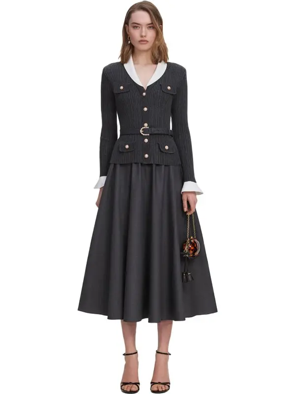 SELF-PORTRAIT Belted Ribbed-knit Midi Dress - Black