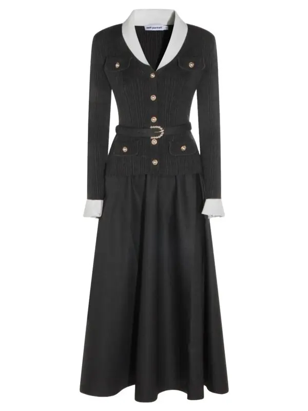 SELF-PORTRAIT Ribbed Knit Midi Dress With Belted Waist - No