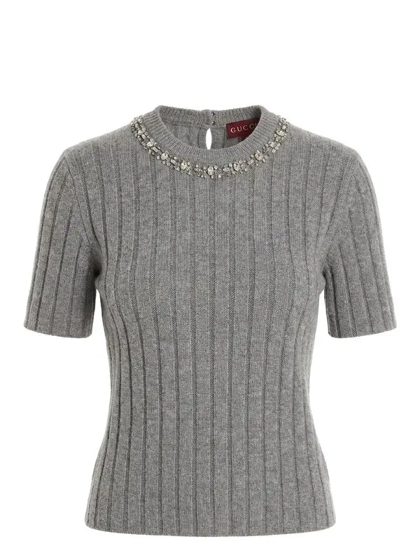 Gucci Ribbed Wool And Cashmere Top With Crystal Embellished Collar - Grey