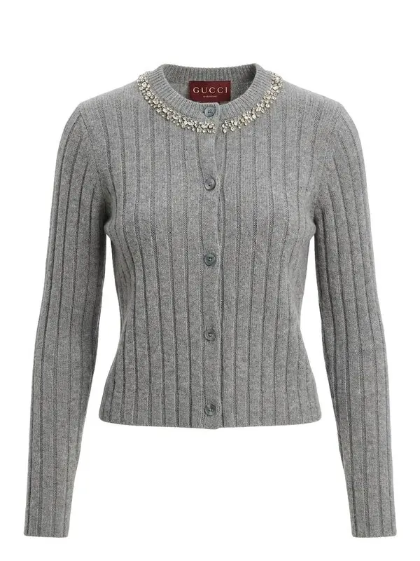 Gucci Ribbed Wool And Cashmere Cardigan With Embellished Neckline - Grey