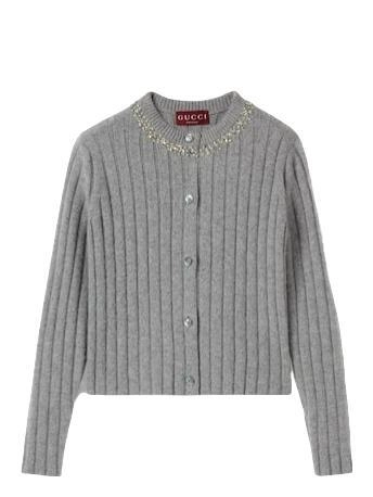 Gucci Ribbed Wool And Cashmere Cardigan With Embellished Neckline - Grey