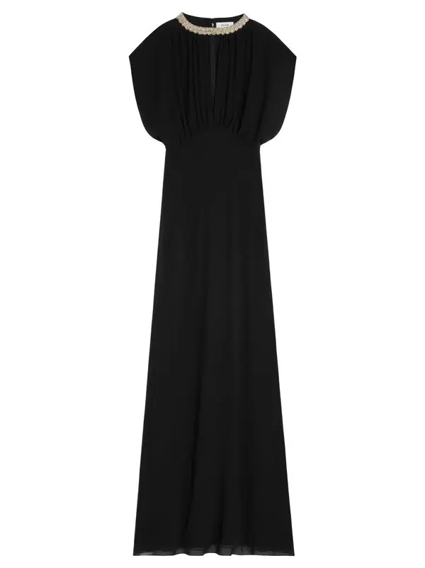 Celine Long Silk Georgette Dress With Embroidered Collar - Black