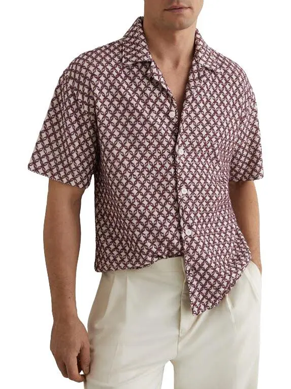 REISS Mill Textured Short Sleeve Button-up Shirt - Rust Red