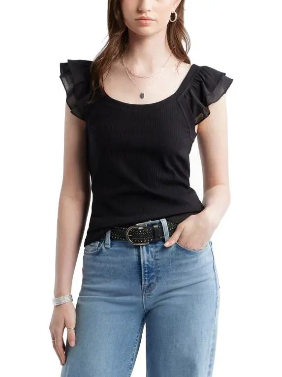 Treasure & Bond Ribbed Flutter Cap Sleeve Tank - Black