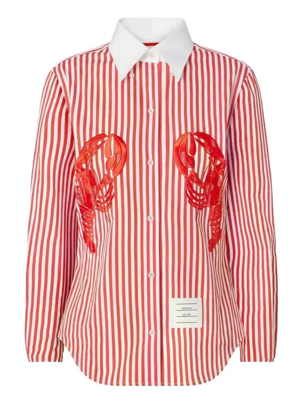 Thom Browne University Stripe Lobster Appliqué Shirt - Red