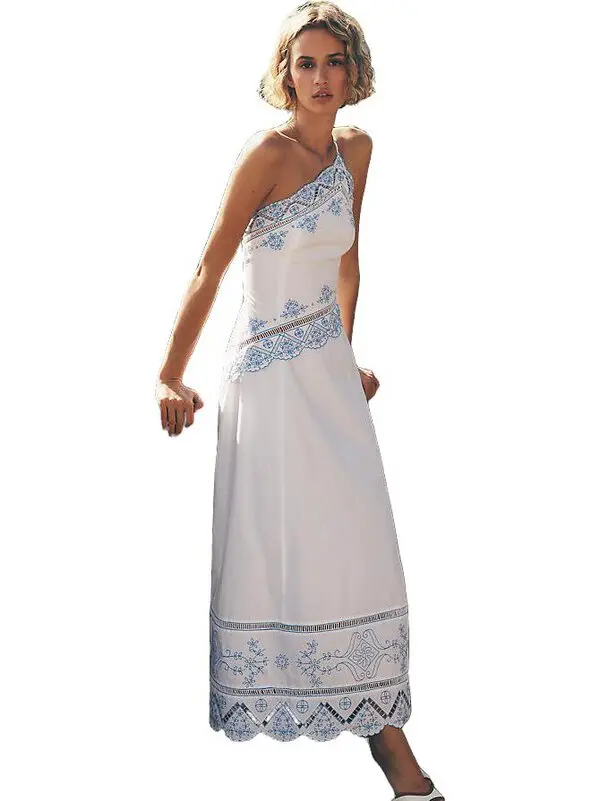Anthropologie Cotton Cutwork One-shoulder Midi Dress - Ivory/blue
