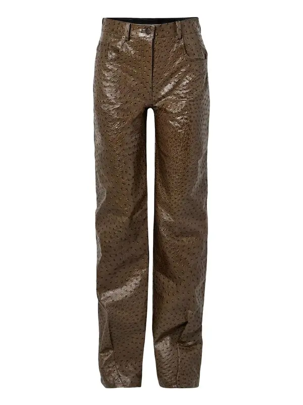 16Arlington Ostrich-effect Leather Straight-leg Pants - Taupe