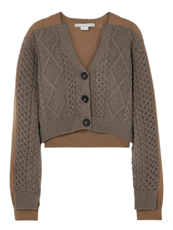 Stella McCartney Cropped Paneled Cable Knit Wool Cardigan - Brown
