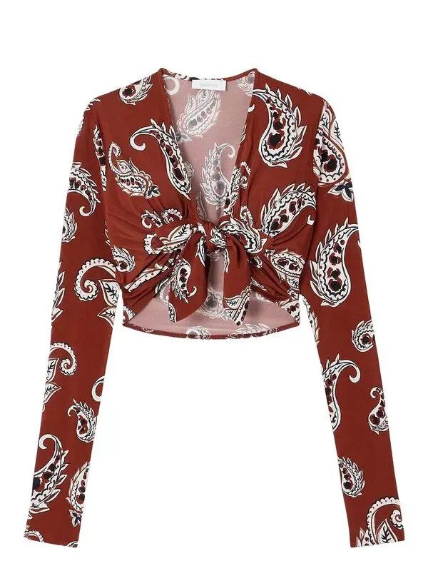 Rabanne Cropped Paisley-print Stretch-crepe Top - Brick