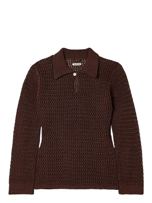 BODE Willows Crocheted Cotton Polo Sweater - Chocolate