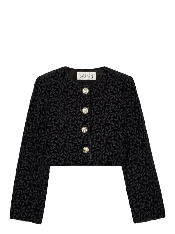 Saloni Vika Cropped Velvet Jacquard Jacket With Satin Trim - Black