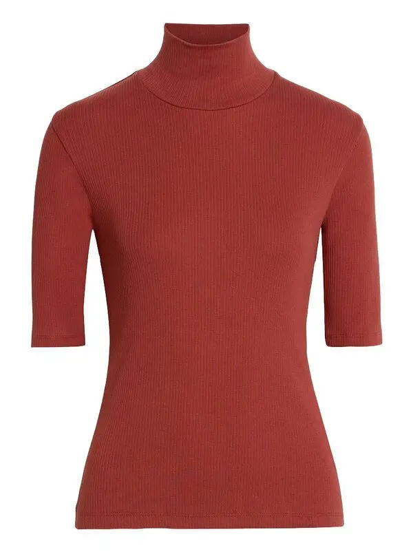 Vince Ribbed Cotton Turtleneck Top - Brick