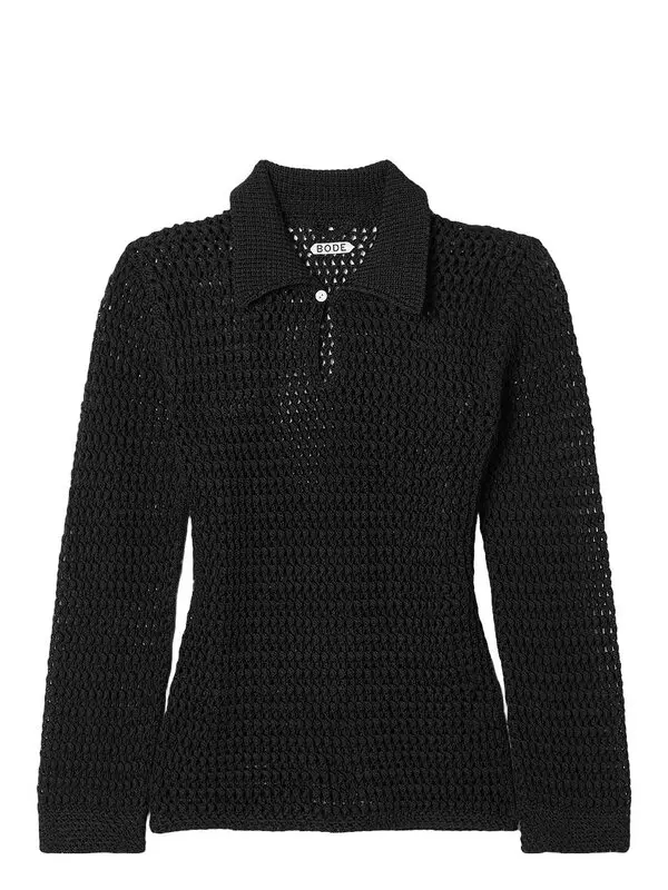 BODE Willow Crocheted Cotton Polo Sweater - Black