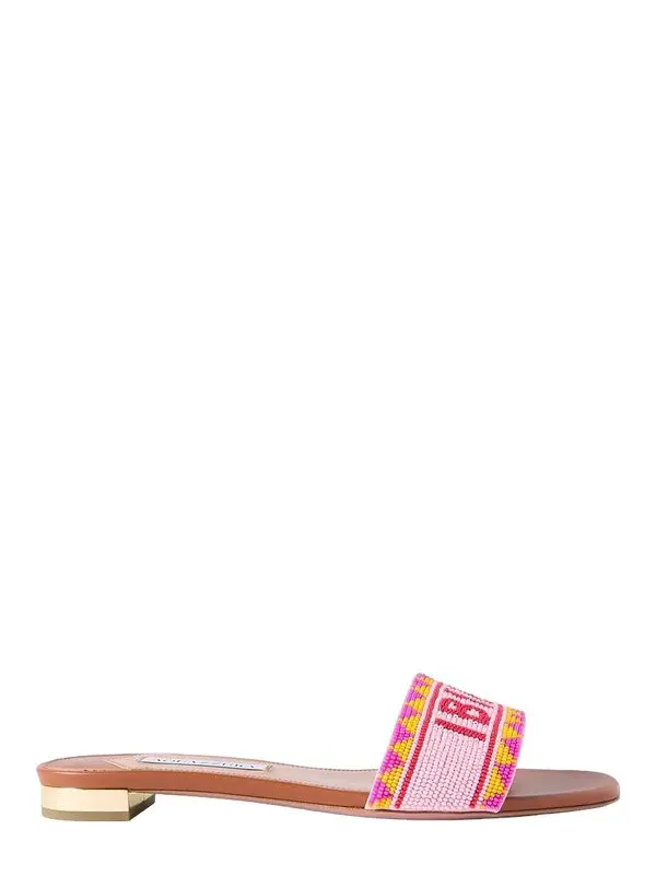 AQUAZZURA Ibiza Beaded Leather Slides - Brown