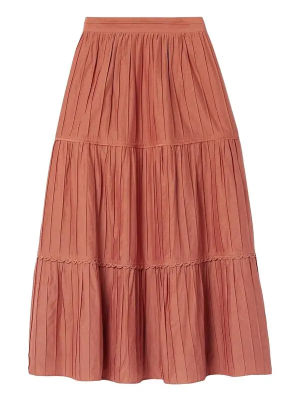 LA LIGNE Tiered Pintucked Cotton And Silk-blend Midi Skirt - Peach