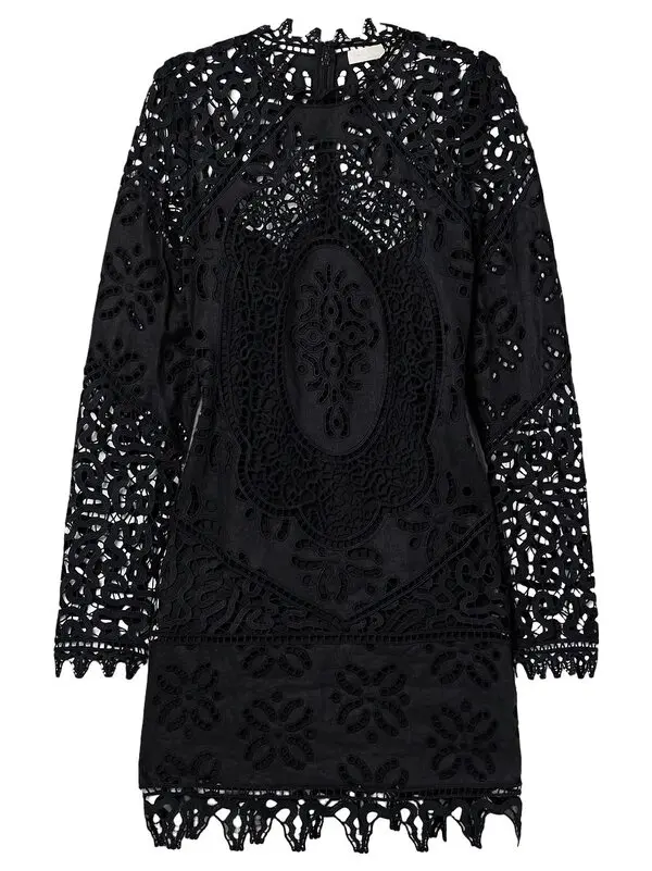 Ulla Johnson Eleni Guipure Lace Trimmed Linen Mini Dress - Black