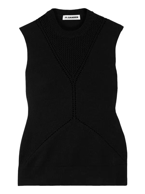 JIL SANDER Pointelle Knit Wool And Cotton-blend Top - Black