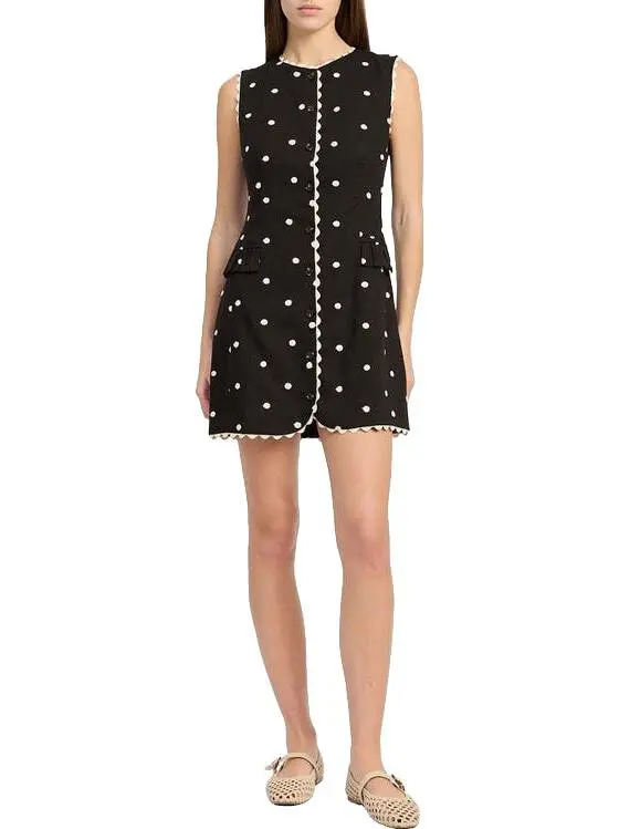 EN SAISON Sleeveless Embroidered Polka Dot Mini Dress With Scalloped Edges - Black Natural