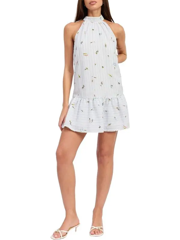 EN SAISON Halterneck Mini Dress With Pom-pom And Tassel Trim - White Blue Multi